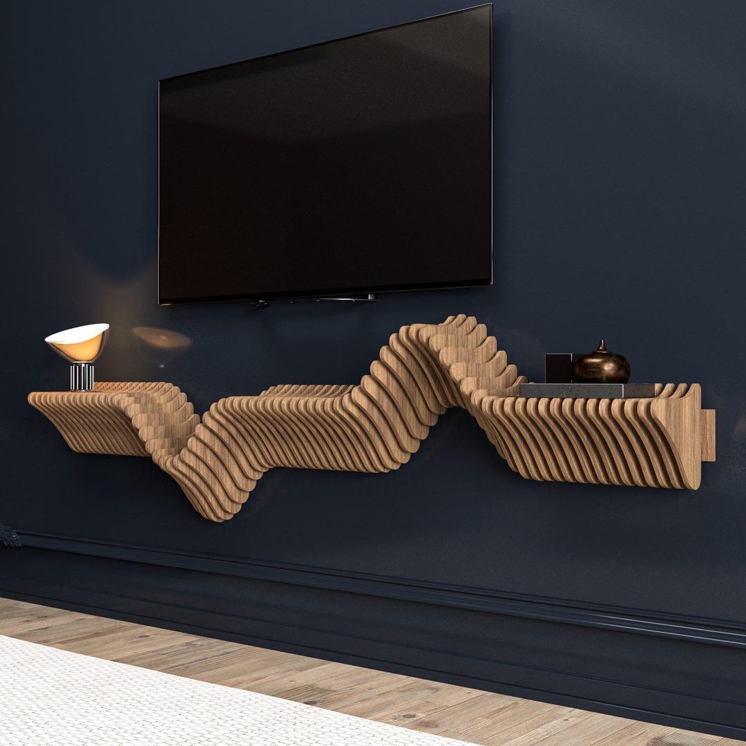Modern Wooden Wall Shelf: Wavy Floating TV Unit | Parametric Display ...