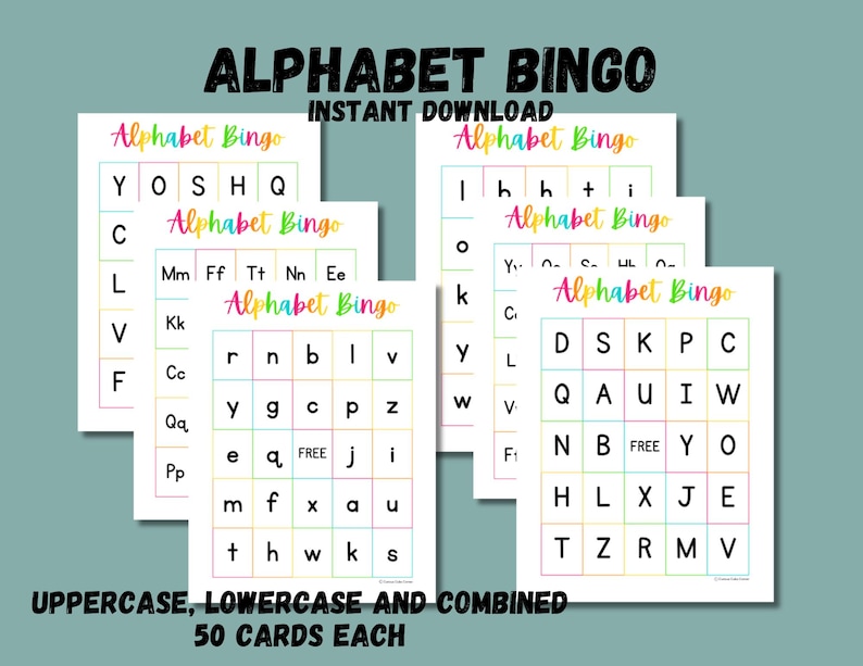 Rainbow Alphabet Bingo, 50 Printable Game Cards, Learn Uppercase ...
