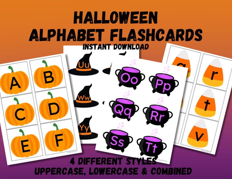 Halloween Alphabet Flashcards, October ABC Cards, Printable Learning ...