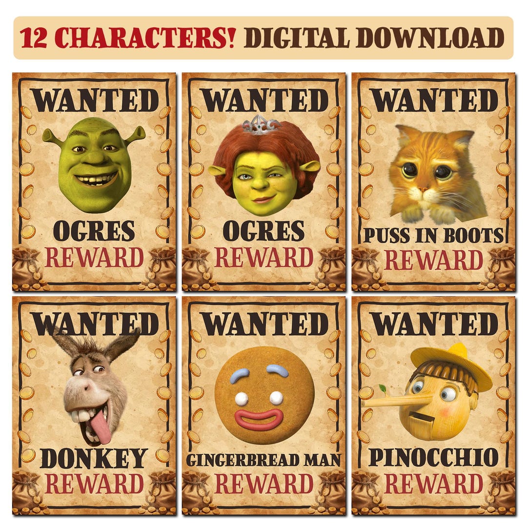 Shrek Wanted Posters Set of 12 Prints - Digital Download, 12 Charcters, Shrek, Fiona, Donkey ...