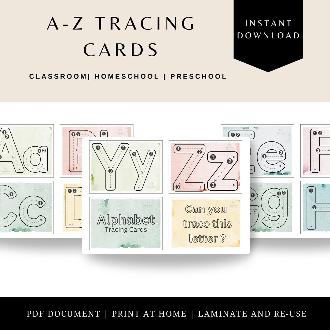 Watercolor A-Z Alphabet Tracing Cards | Educational Flashcards for ...