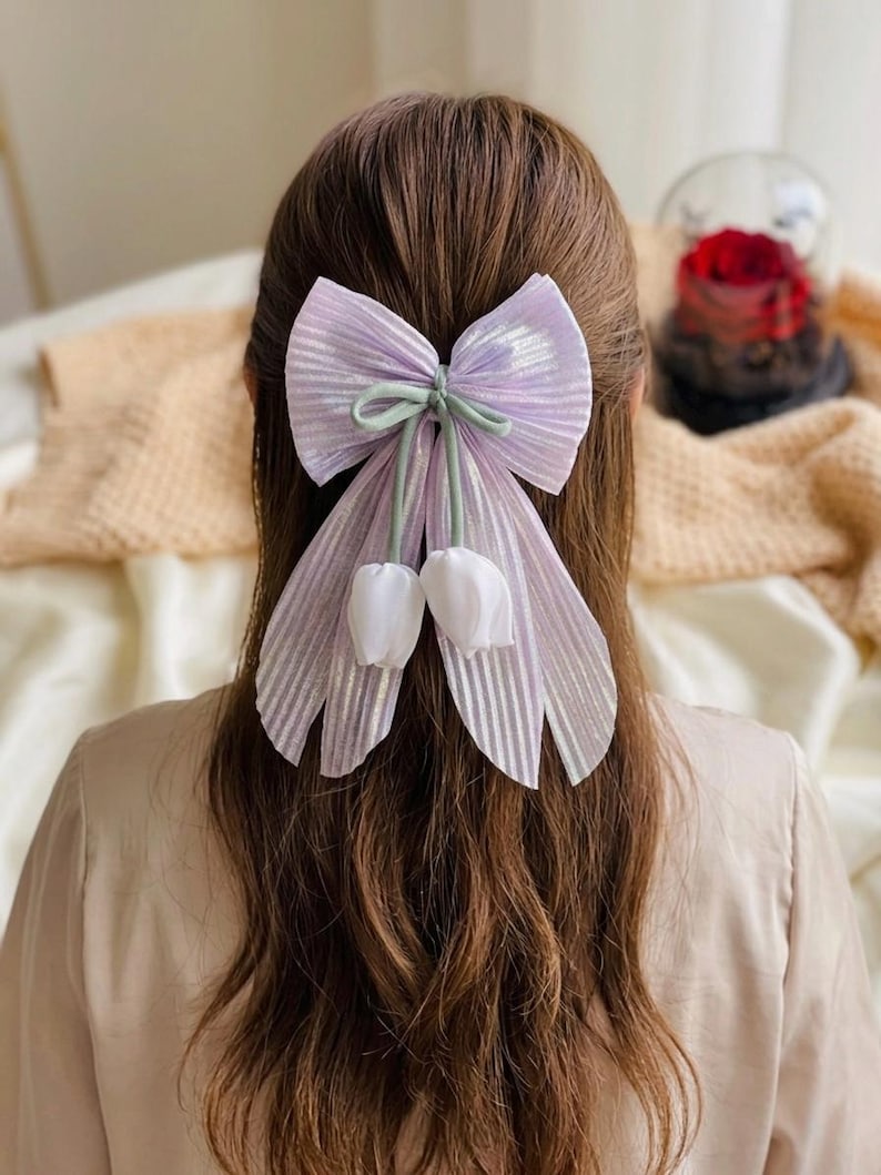 Iridescent Tail Bow With Tulip | Shimmer Pleated Coquette Hair Clip - Etsy