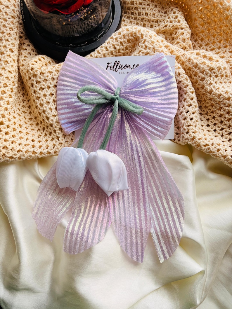 Iridescent Tail Bow With Tulip | Shimmer Pleated Coquette Hair Clip - Etsy