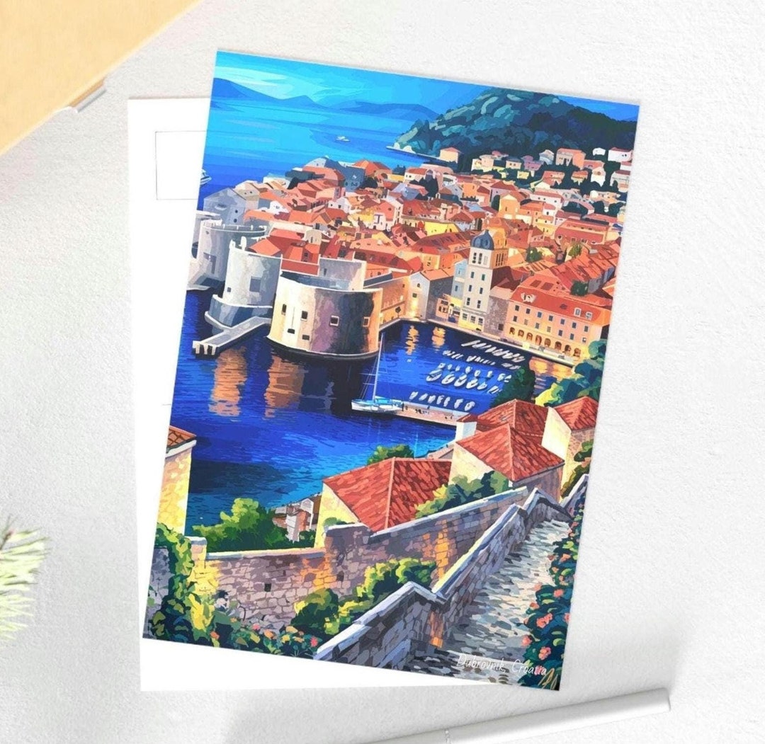 Dubrovnik, Croatia Postcard - Old Town Harbor & Adriatic Coast Art ...