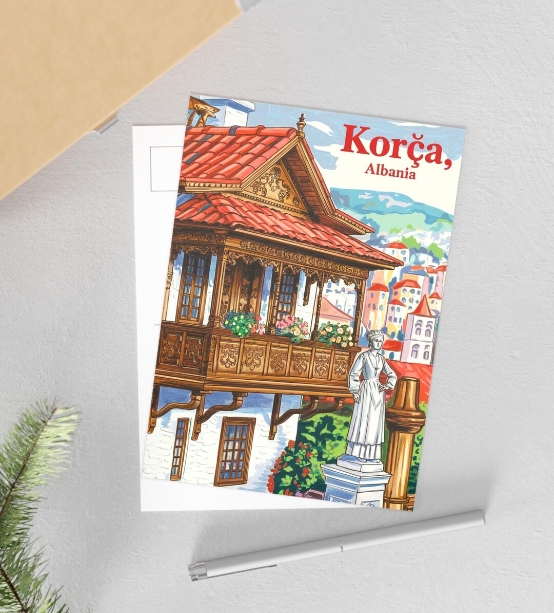 Korca, Albania Postcard – Vibrant Travel Art Featuring Historic ...