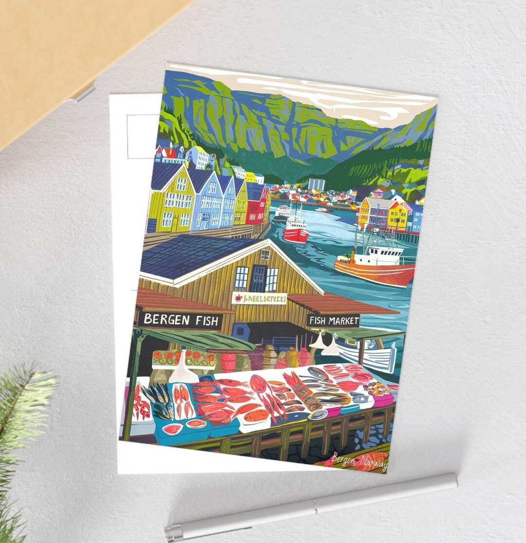 Bergen, Norway Postcards – Illustrated Travel Art of the Historic Fish ...