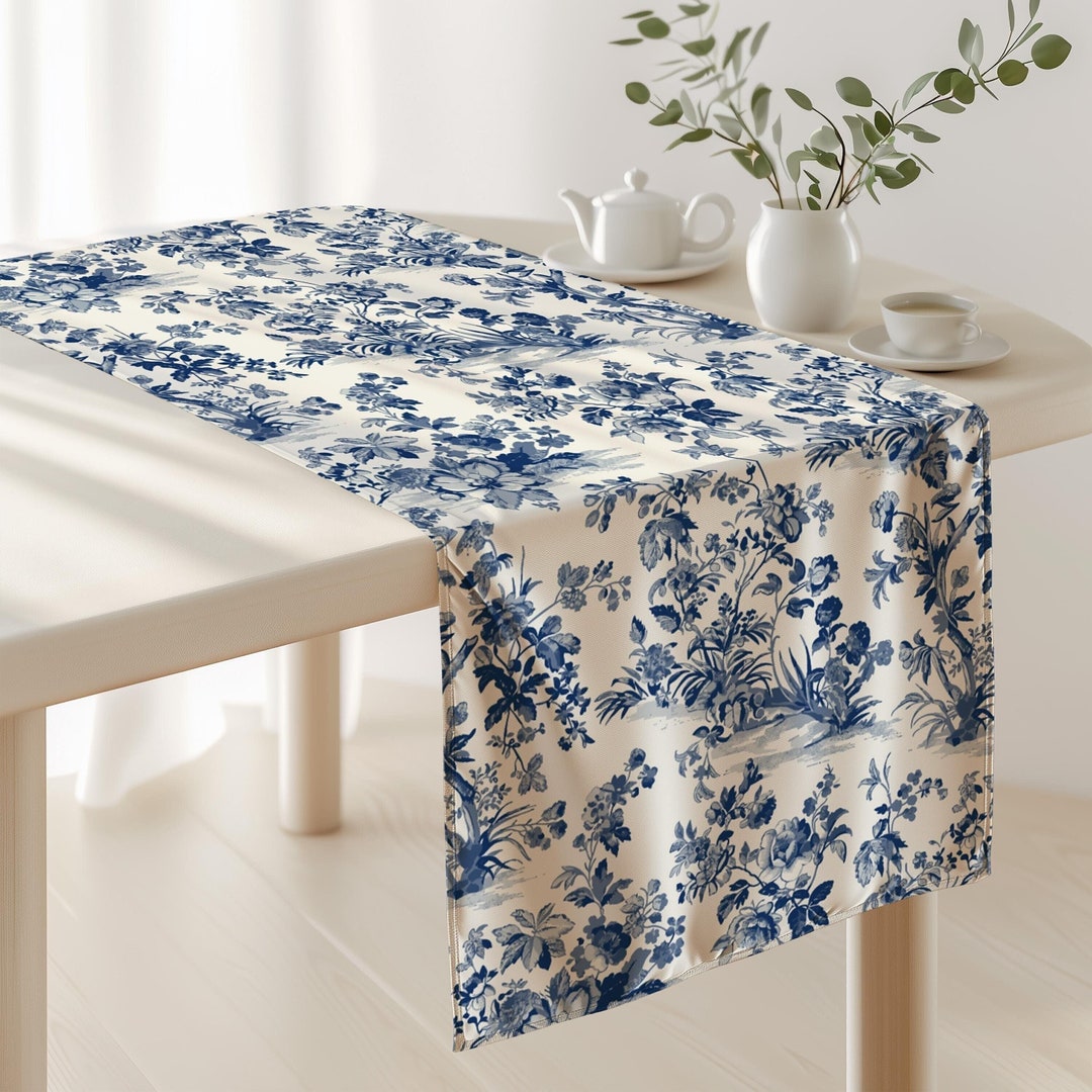 Blue French Toile Table Runner | Floral Table Runner | French Country ...