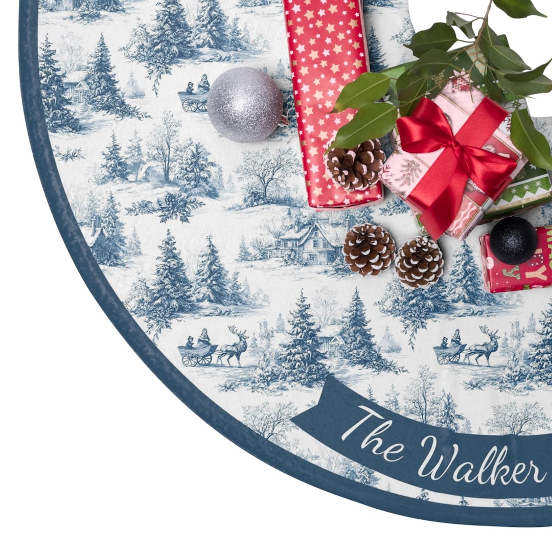 Blue Toile Christmas Tree Skirt, Personalized Holiday Tree Decoration ...