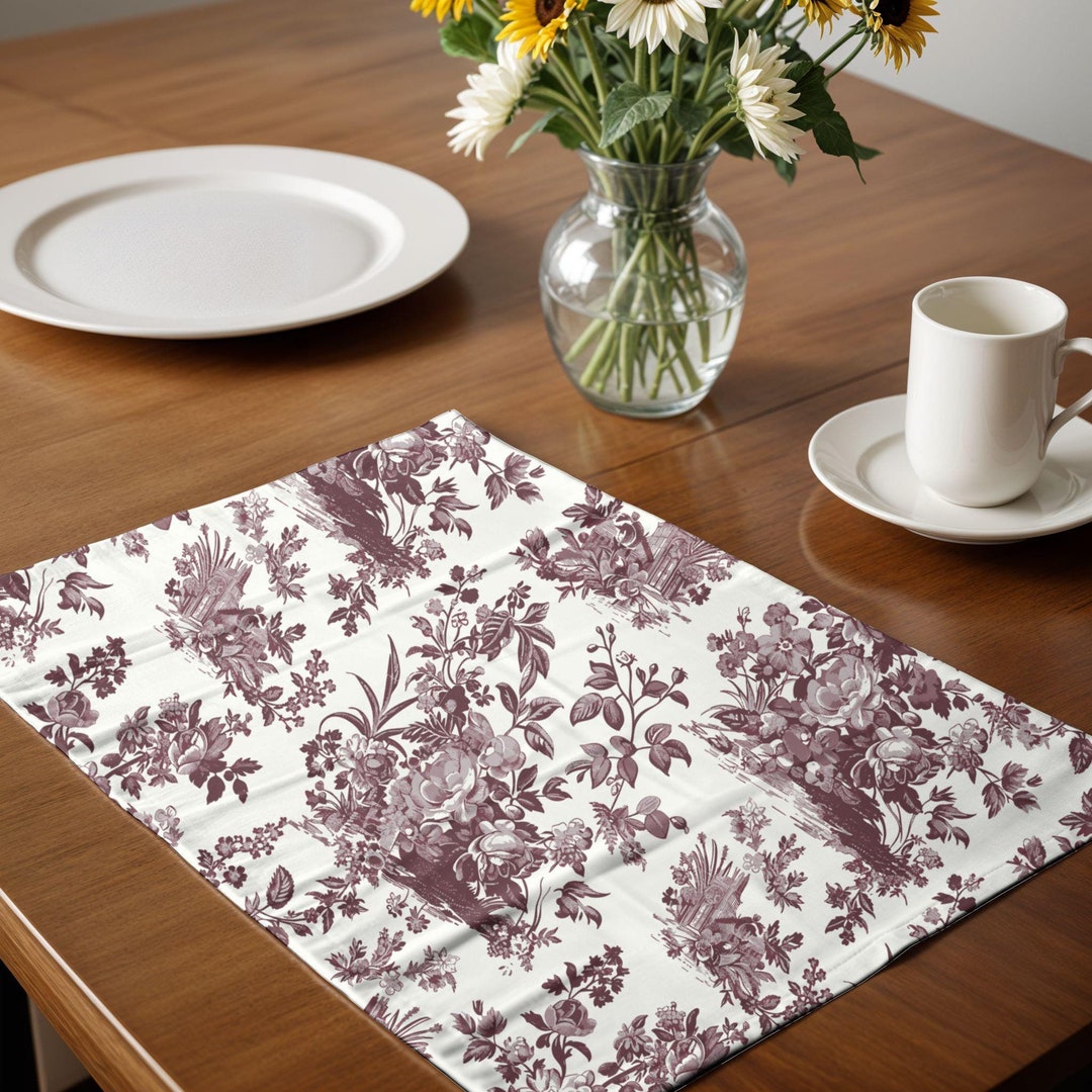 Burgundy French Toile Placemats | Cotton Table Linen | Floral Placemats ...