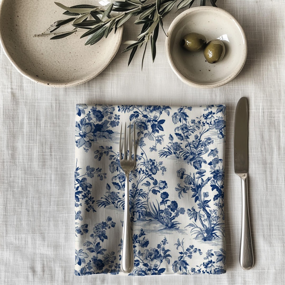 Blue French Toile Napkins: Cotton Table Linens, French Country Cottage ...