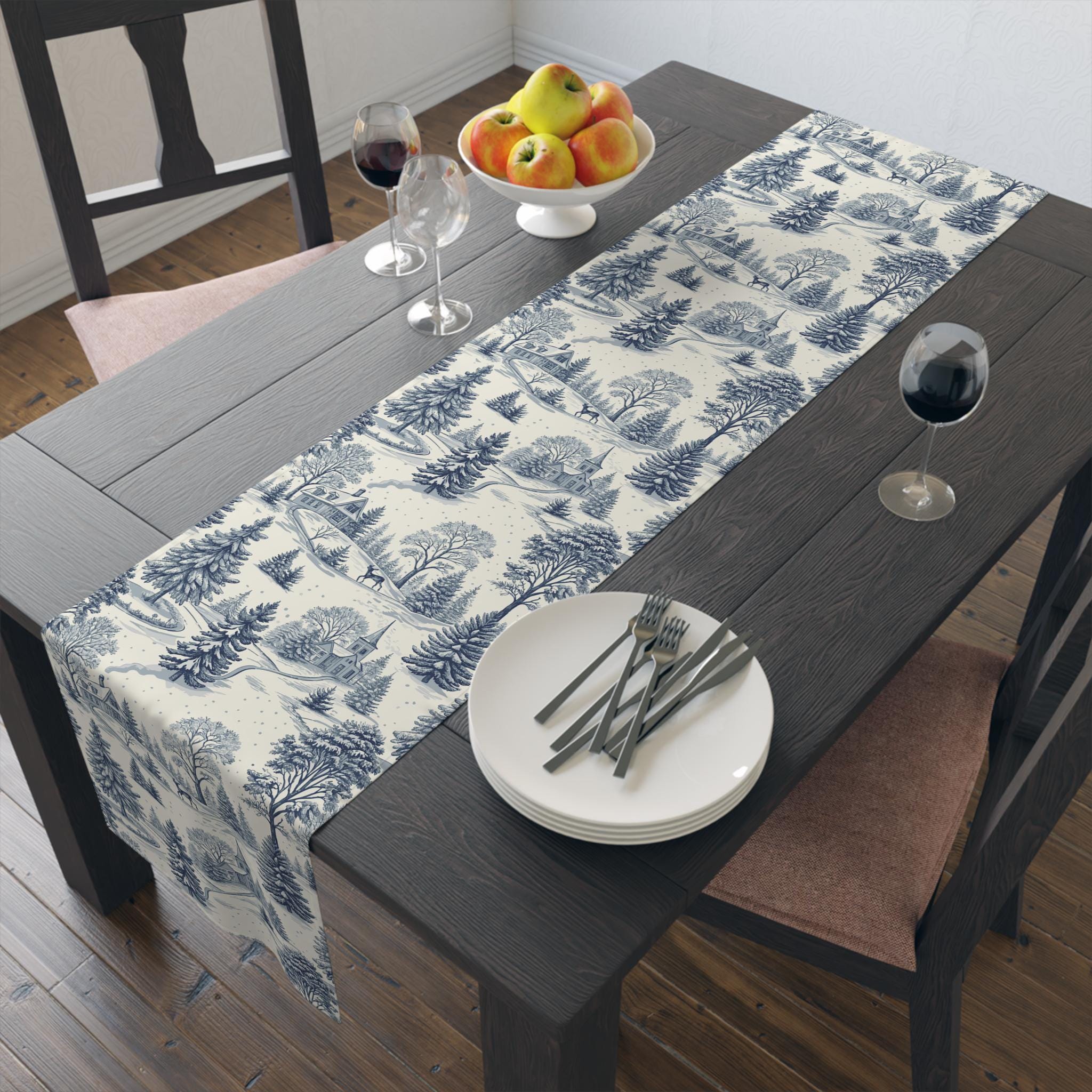 Sage Green Toile Table Runner: Cotton Winter Scene, Holiday Hosting ...