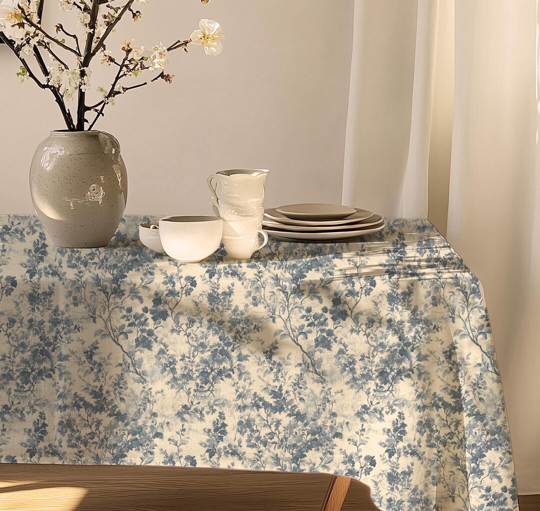 Blue Toile Floral Tablecloth | Cotton Table Linen With Vintage Charm ...