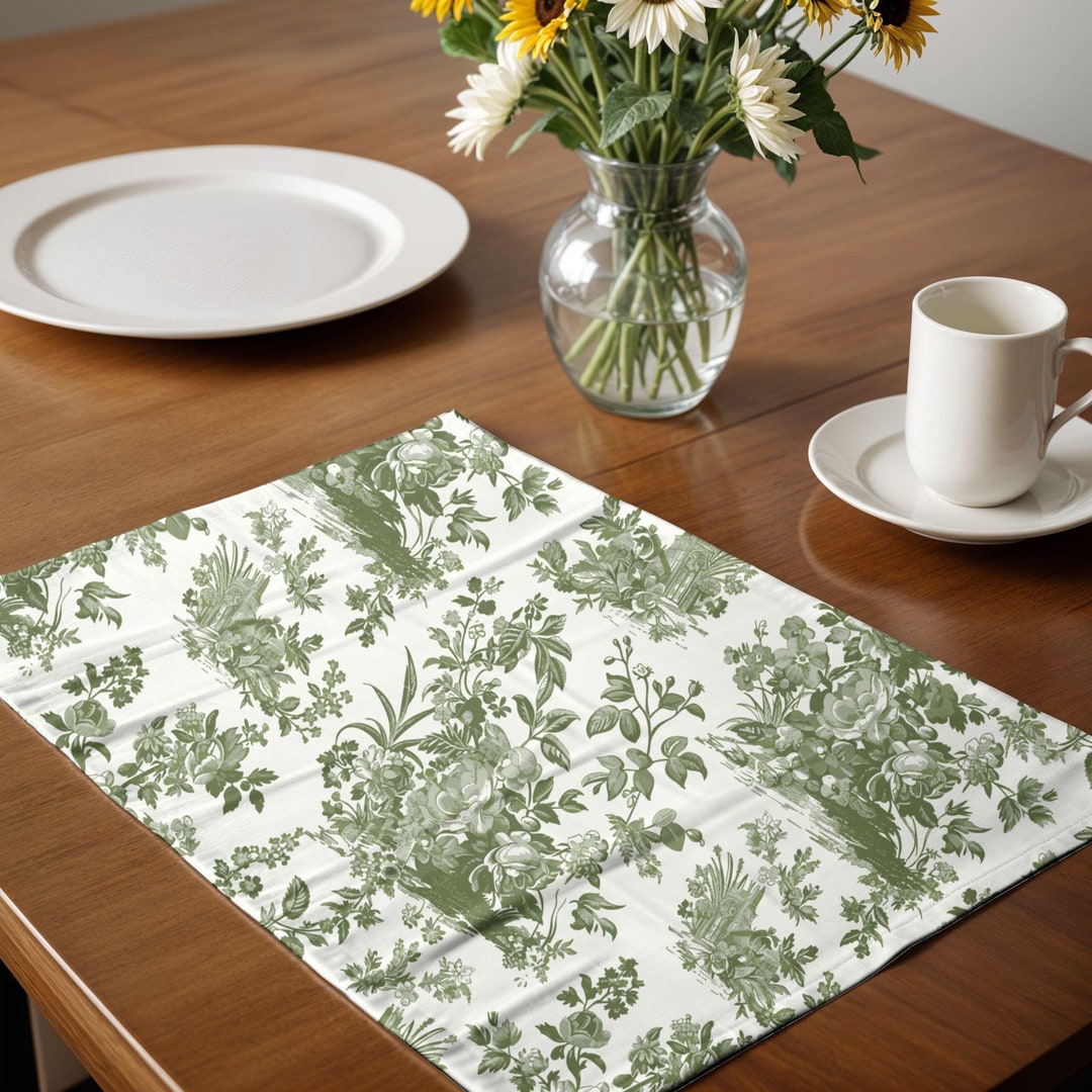 Sage Green French Toile Placemats | Cotton Table Linen | Floral ...