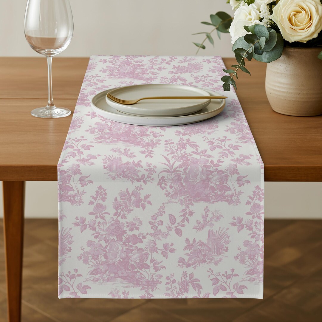 Pink French Toile Table Runner: Cotton Floral, French Country ...