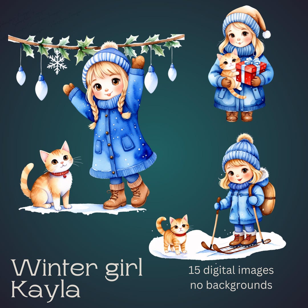 15 Winter Girl and Cat Companion Clipart - High-quality Pngs, Festive ...