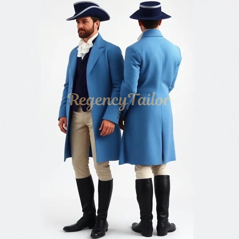 Men's Sky Blue Wool Regency Coat Complete Dress, 19th-century Ensemble ...