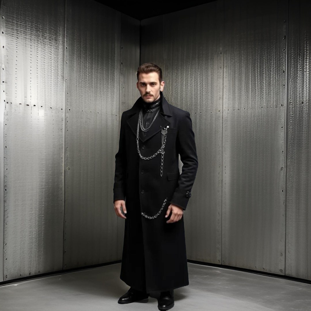 Men's Black Gothic Long Coat: Chain Detail Steampunk Outerwear - Etsy