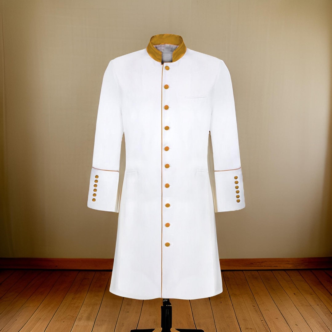 Men's White Clergy Frock Jacket: Three-quarter Length, Gold Detail - Etsy