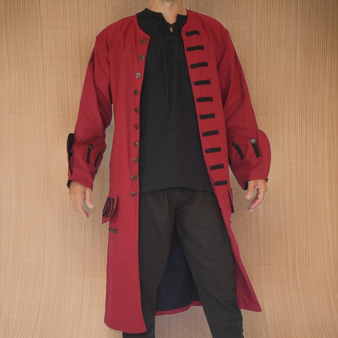 Men's Red Wool Pirate Coat: Black Trim, Steampunk Costume Jacket - Etsy