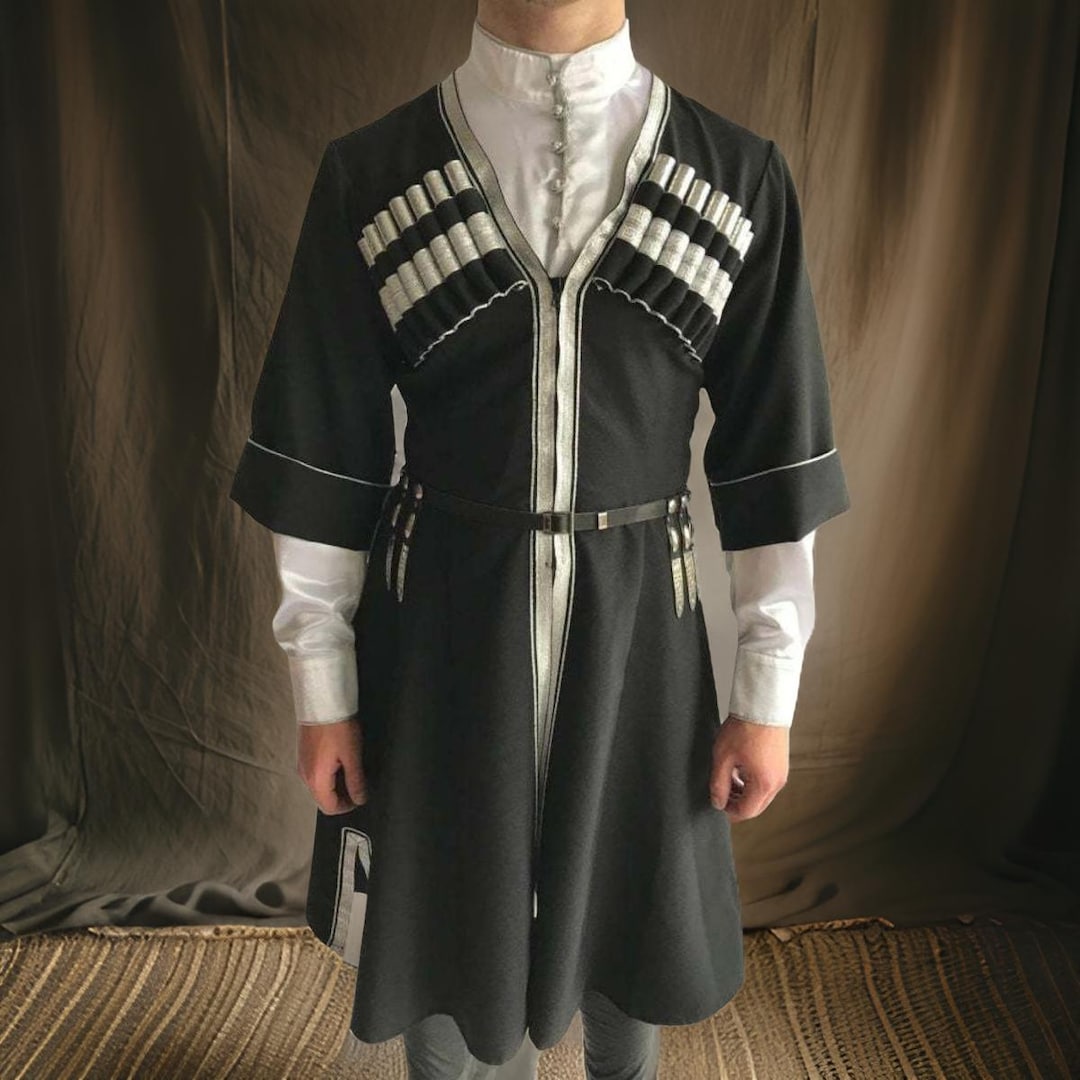 New Men Russian Cherkessk Black Wool Caftan Without Collar Frock Style ...