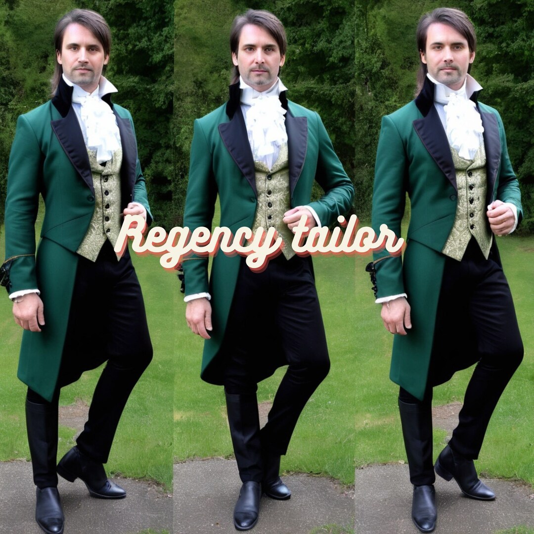 Men's Emerald Green Regency Tailcoat Ensemble With Gold Brocade Waistcoat for Historical ...