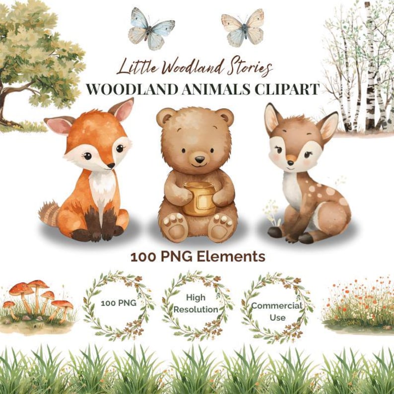 Woodland Animals Clipart Watercolor PNG Bundle, Baby Forest Animals ...