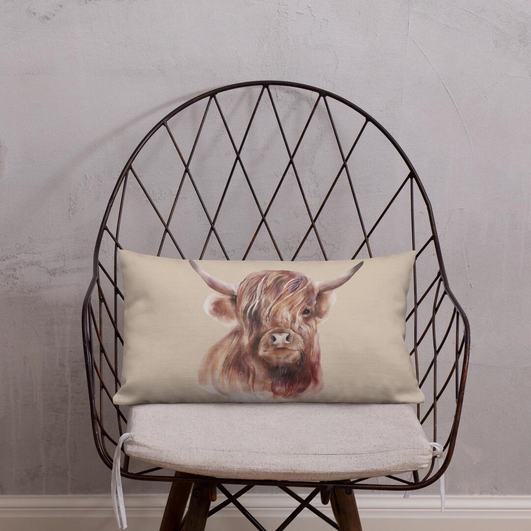 Luxurious Beige Highland Cow Rectangular Cushion insert Included, Linen ...
