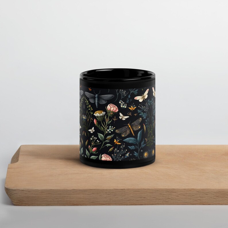 Black Botanical Print Coffee Mug, Wildflowers, Butterflies & Moths ...
