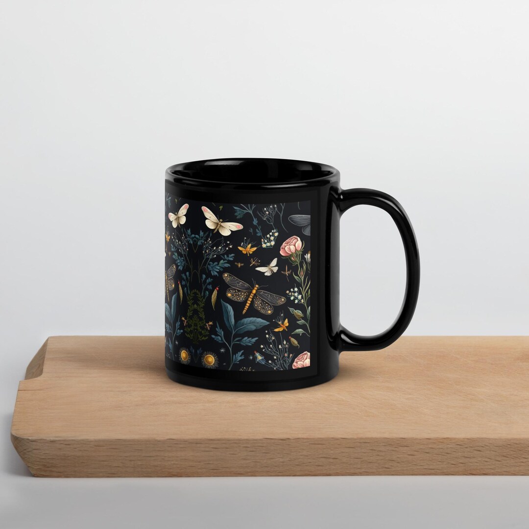 Black Botanical Print Coffee Mug, Wildflowers, Butterflies & Moths ...