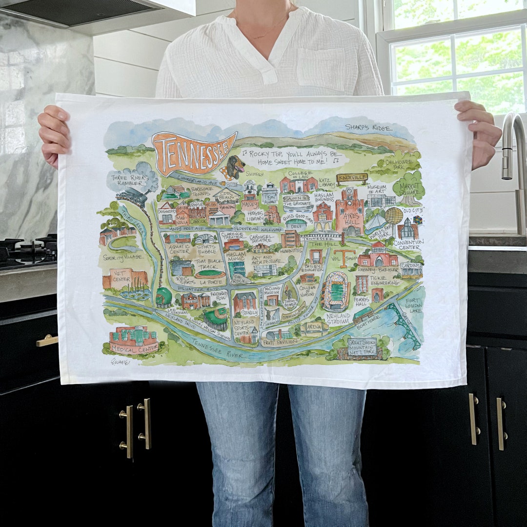 Tennessee Knoxville Tea Towel Campus Map Watercolor Art Print Football ...