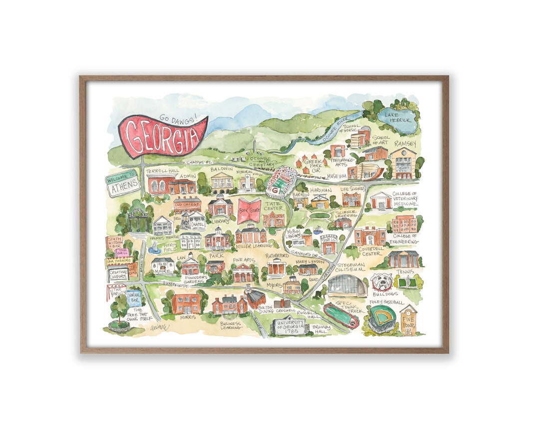 Georgia Athens Campus Map Watercolor Art Print Football - Etsy
