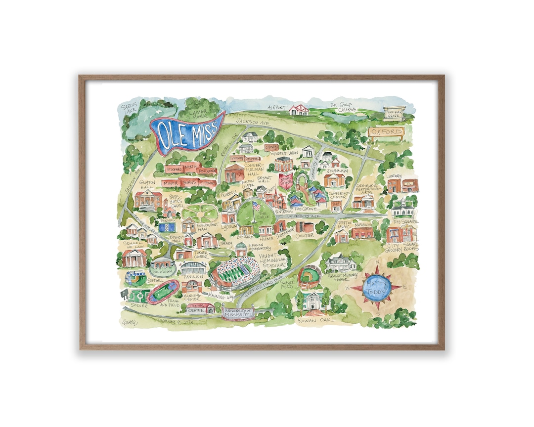 Ole Miss Oxford Campus Map Watercolor Art Print Football - Etsy