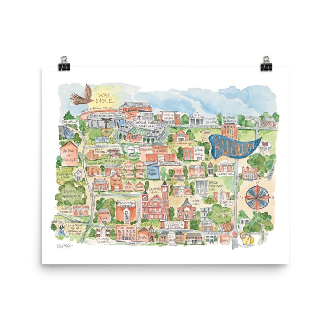 Auburn University Campus Map Large Watercolor Art Print - Etsy