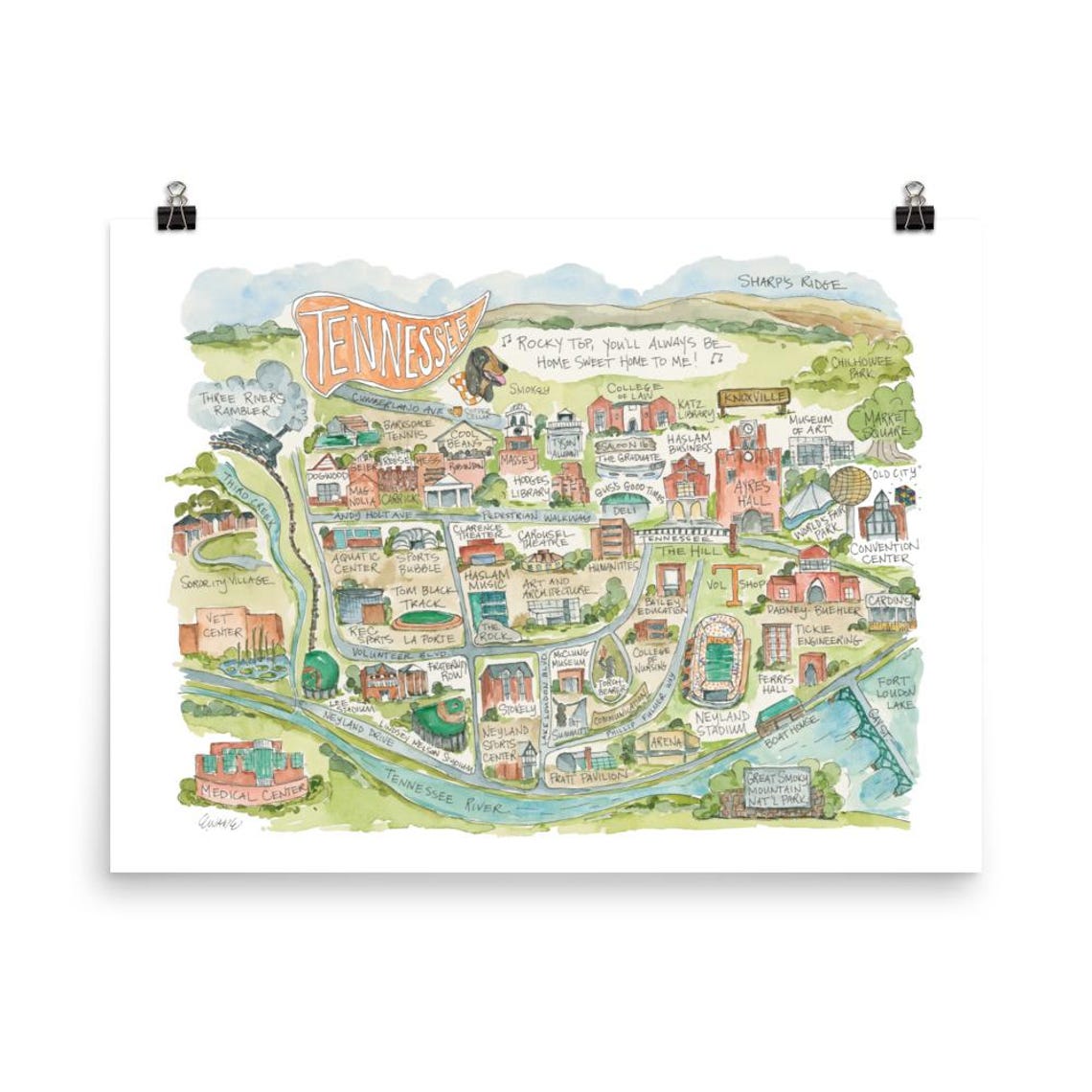 University of Tennessee Campus Map Large Watercolor Art Print - Etsy