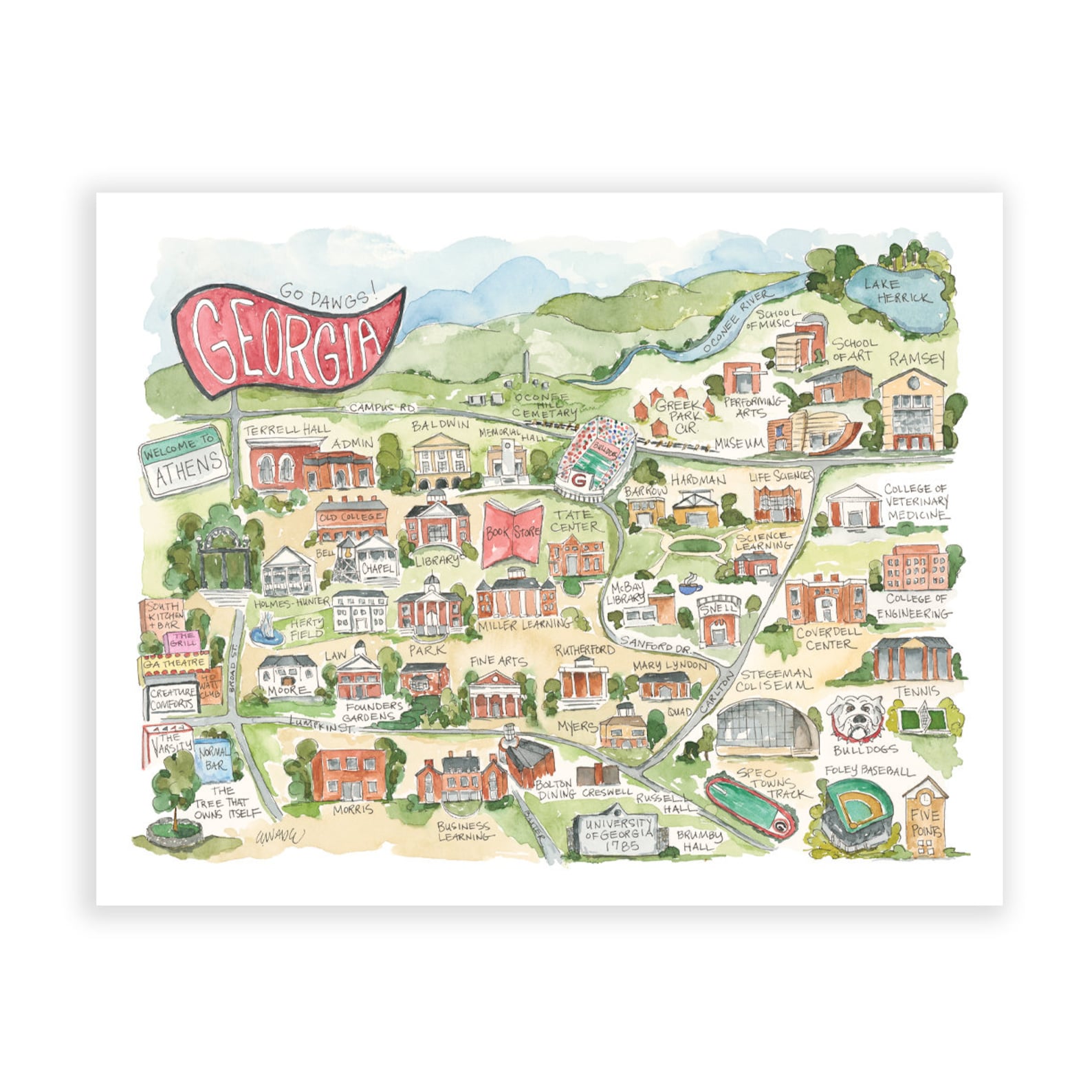 Georgia Athens Campus Map Watercolor Art Print Football - Etsy
