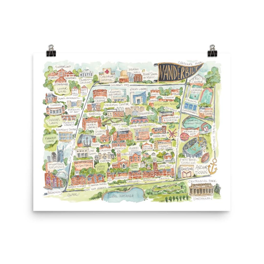 Vanderbilt University Campus Map Large Watercolor Art Print - Etsy