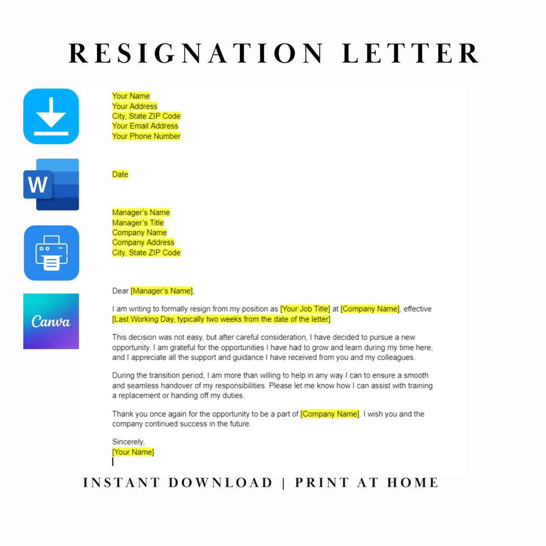Resignation Letter Template | Google Docs, Microsoft Word & Canva ...