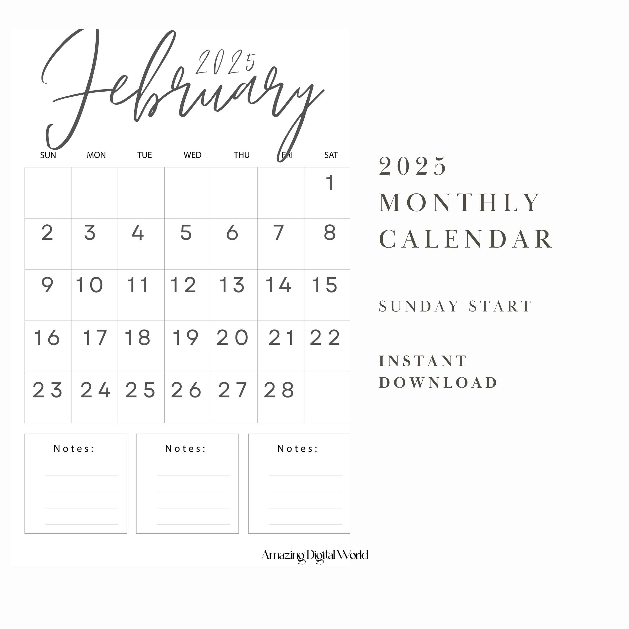 2025 Monthly Calendar Printable - Minimalist Planner With Notes, Clean ...