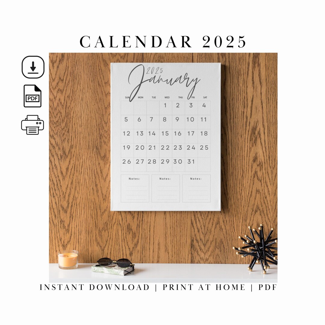 2025 Monthly Calendar Printable, Minimalist 2025 Calendar With Notes ...
