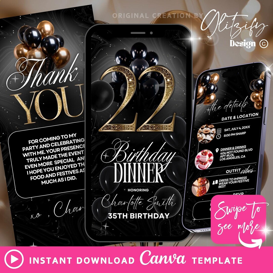 Luxury 22nd Birthday Invitation,canva Template,gold Birthday Party ...
