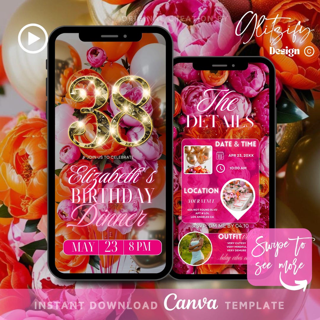 Animated 38th Birthday Invitation: Pink Orange Floral, Editable Canva ...