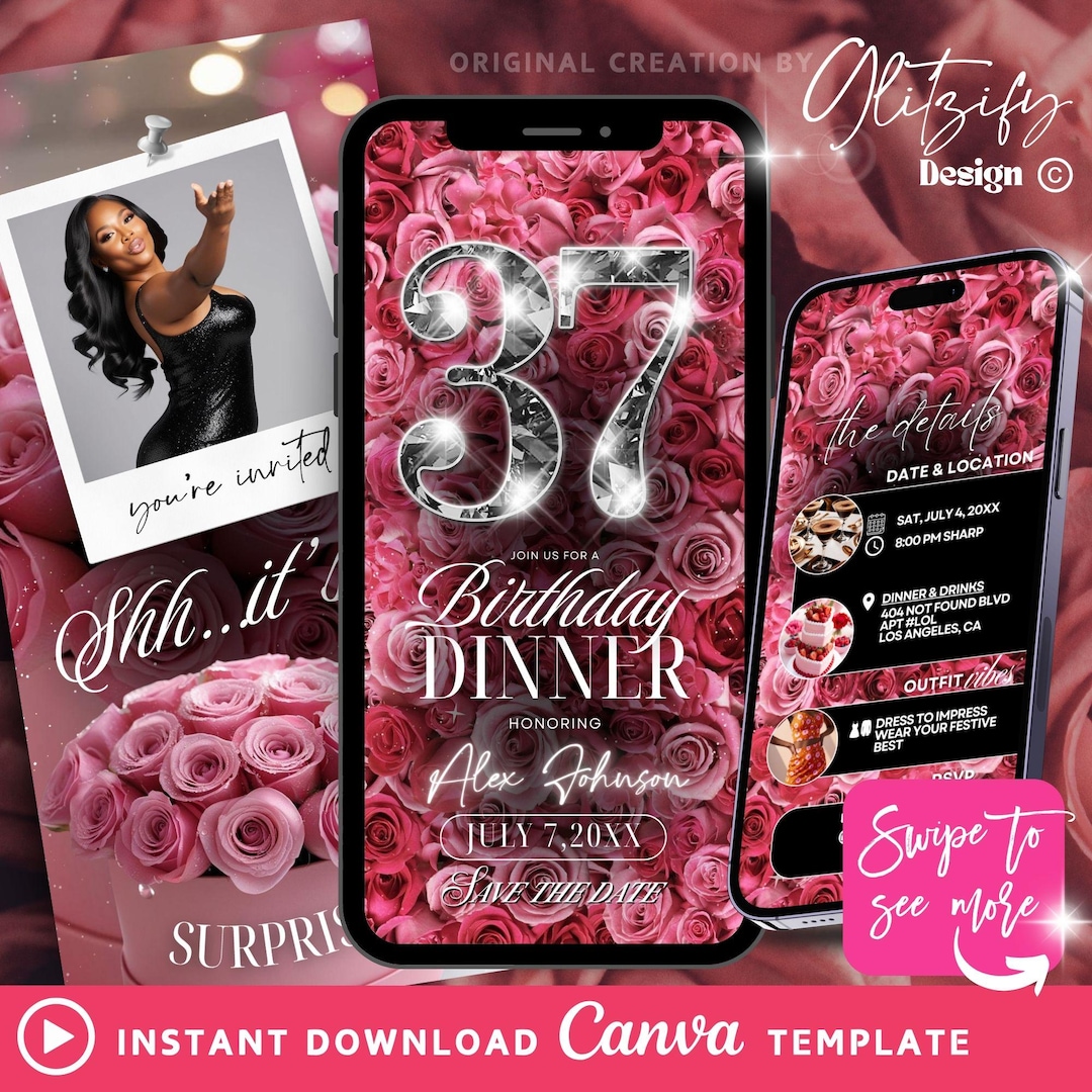 Animated Pink Roses 37th Birthday Invitation: Digital Party Flyer ...