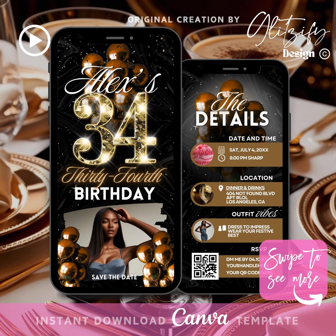 Gold 34th Birthday Animated Invitation: Espresso Brown, Diamond Glam ...