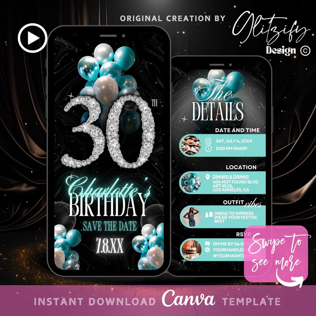 Luxury Blue 30th Birthday Save the Date,aqua Blue Silver Birthday ...