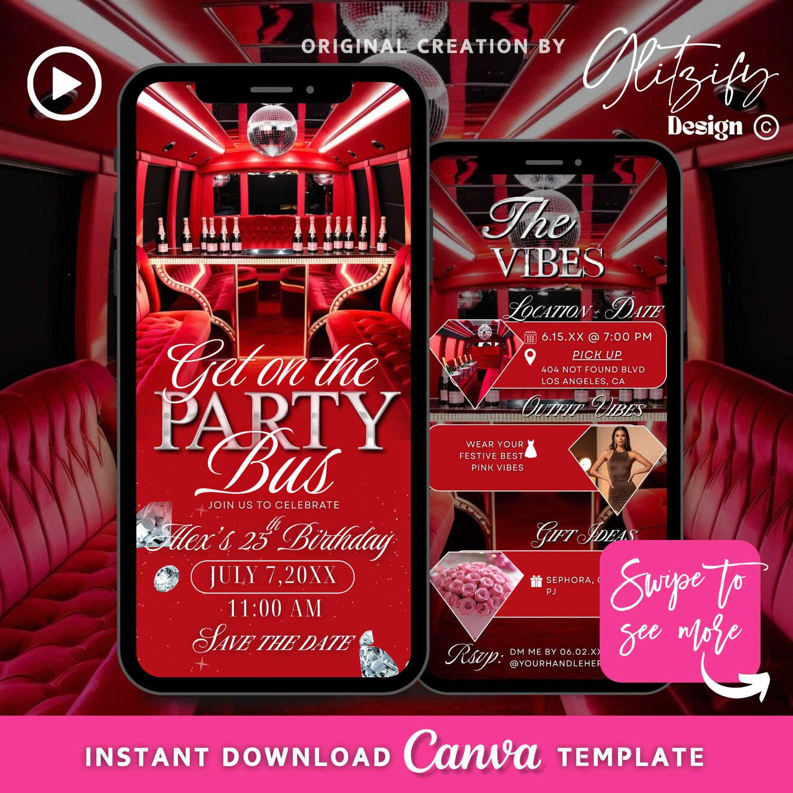 Animated Red Party Bus Birthday Invitation: VIP Limo (digital Download ...