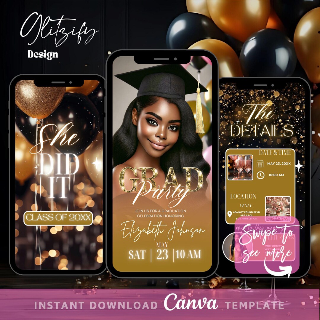 Gold Glam Graduation Animated Invitation: Canva Evite (instant Download ...