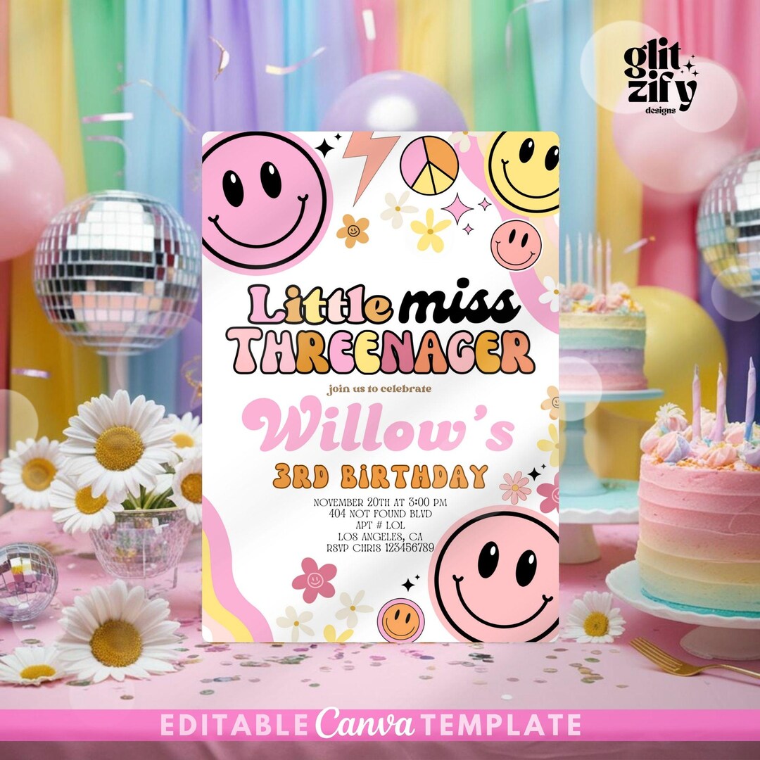 Little Miss Threenager Birthday Party Invitation Retro Groovy 3rd ...