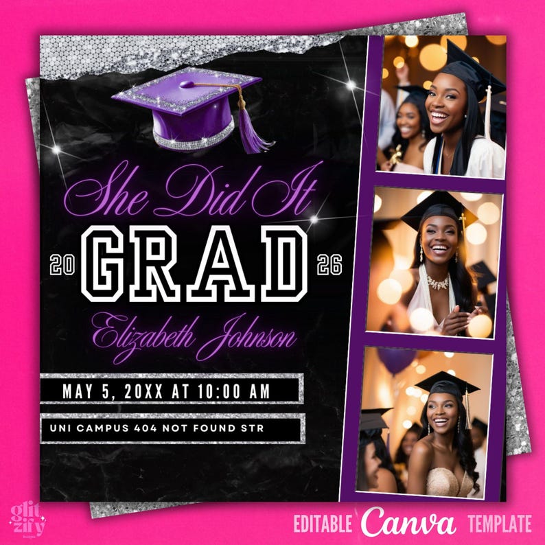 Purple Glam Graduation Announcement Flyer: Grad Party Invitation (canva ...