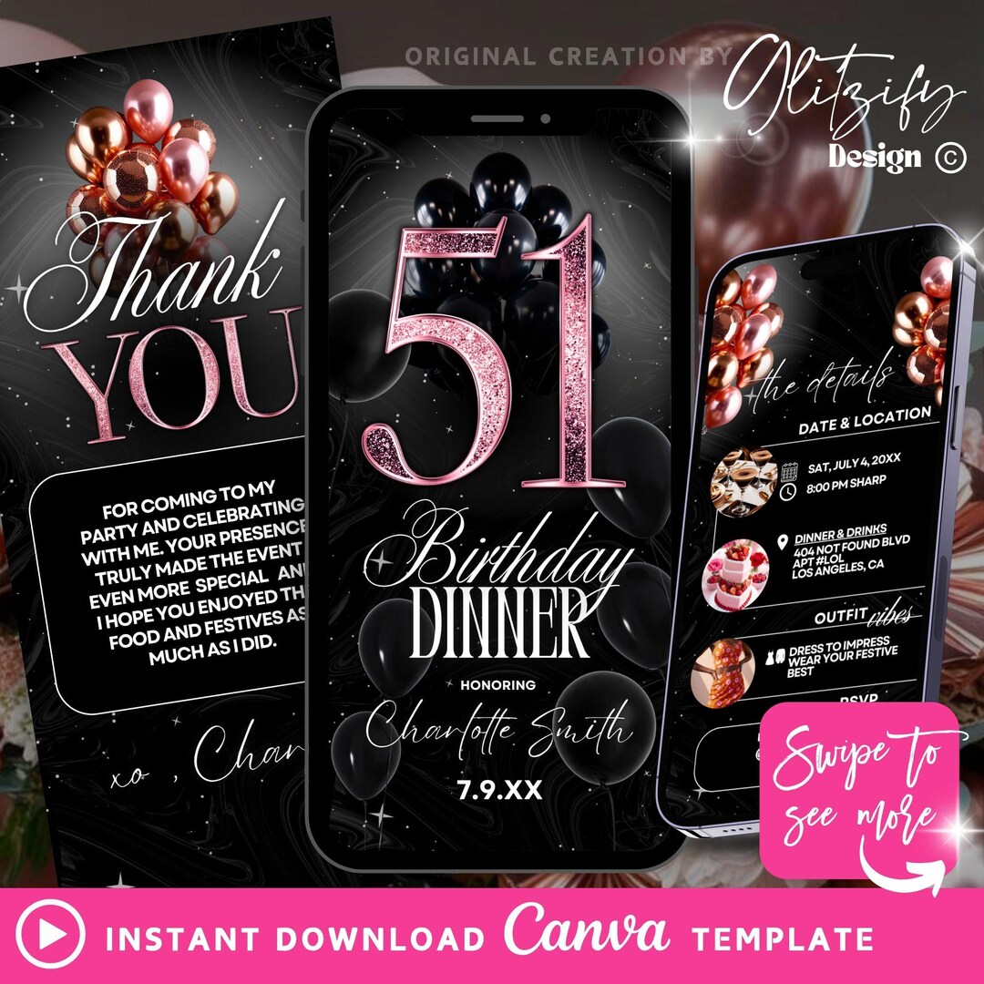 Luxury 51st Birthday Invitation,canva Template,rose Gold Birthday Party ...