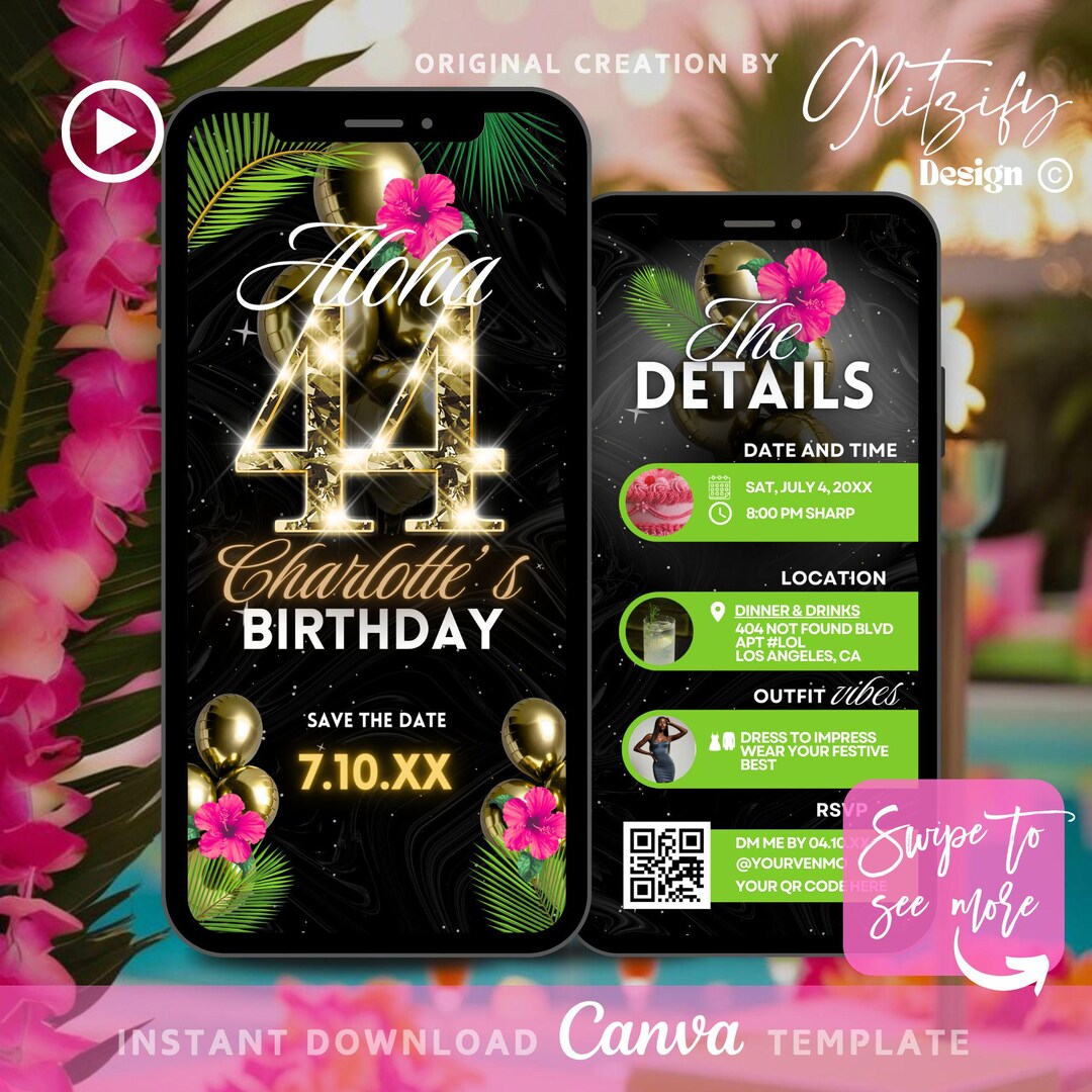 Aloha 44th Birthday Animated Invitation: Luau Pool Party (digital ...
